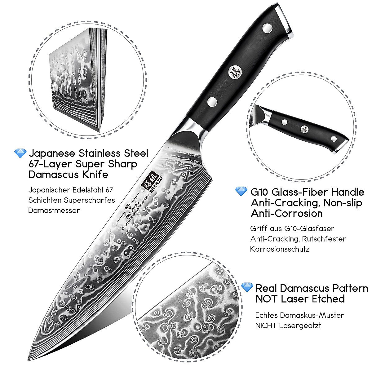 SHAN ZU Damascus Knife Set 3 PCS, Japanese Super Steel Damascus Kitchen Knife Set, High Carbon Professional Ultra-Sharp Chef Knife Set with G10 Handle, Gift Box