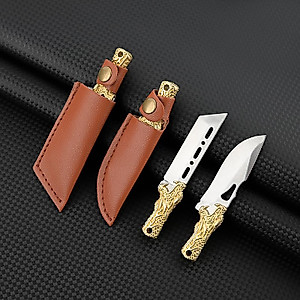 SZHOWORLD Small Fixed Blade Knife, 2 inch 5Cr Steel Blade with Brass Dragon Head Handle, Mini Knife with Leather Sheath for EDC Gift Collection (Style 2)