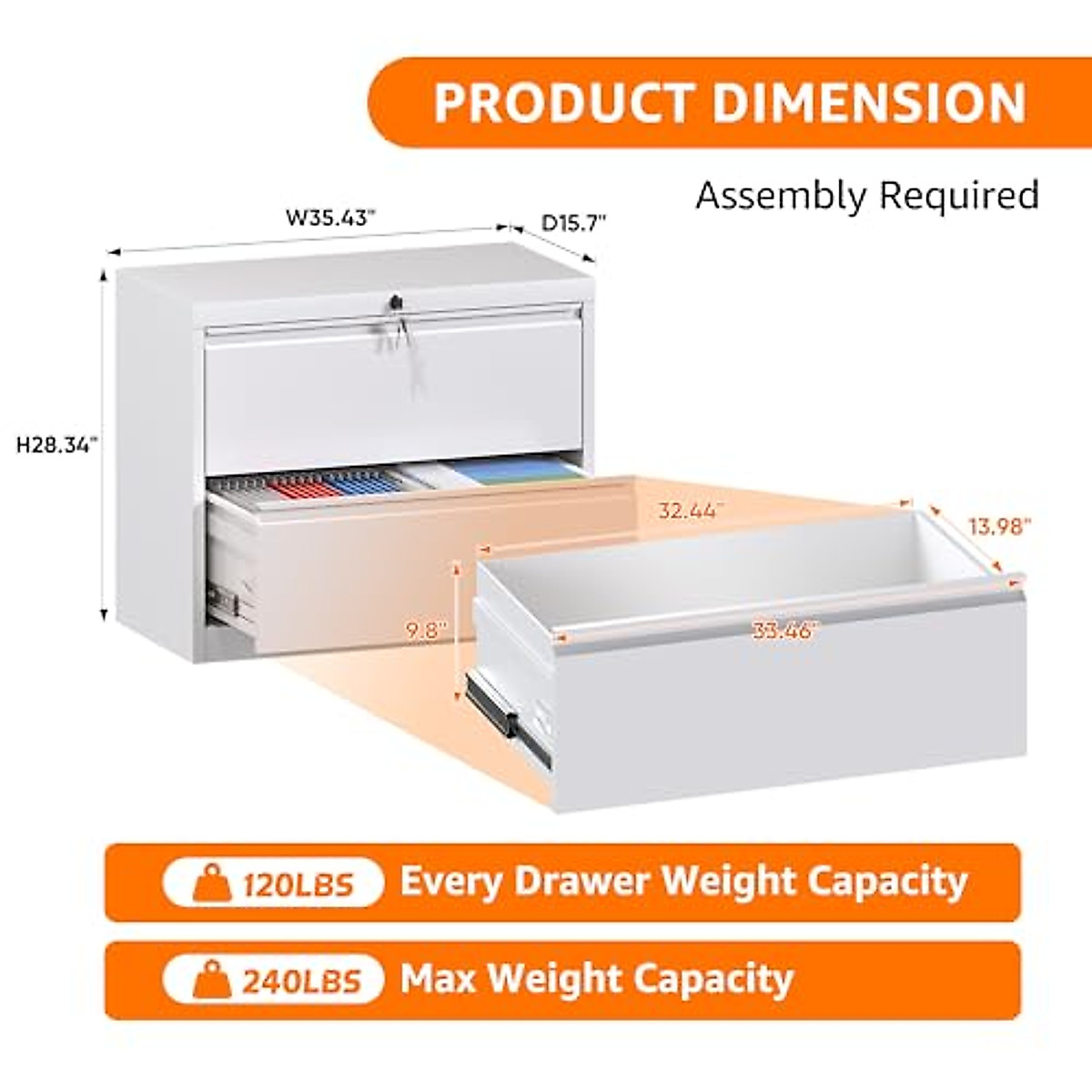 METAN Metal Lateral Filing Cabinet with 2 Drawers for Home Office, Locking Steel Wide File Storage Cabinet for Hanging Legal/Letter A4 Size, Assembly Required, White
