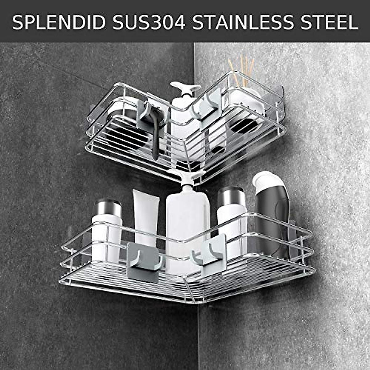 Nieifi Adhesive Corner Shower Caddy Shelf Basket Rack with Hooks, Rust Proof Stainless Steel Bathroom Shelf Shampoo Holder No Drilling 2 Pack
