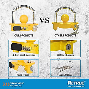 RETRUE Universal Coupler Lock Trailer Locks Ball Hitch Trailer Hitch Lock Adjustable Security Heavy-Duty Steel fits 1-7/8 Inch, 2 Inch, 2-5/16 Inch Couplers, Yellow, Combination Lock,No Key Needed