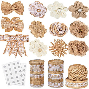 Whaline 30PCS Burlap Flowers Set, Include 5 Lace Burlap Ribbon Rolls, 24 Handmade Burlap Flowers and Bowknots, 1 Twine Ribbon and Glue Point for Wedding Party Decor Home Embellishment DIY Crafts