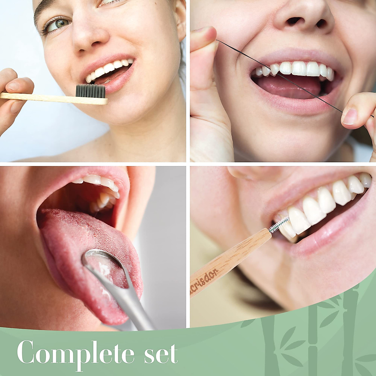Bamboo Toothbrushes Set - Holder Charcoal Dental Floss,Interdental Brushes and Metal Tongue Scraper