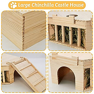 Fhiny Guinea Pig Wooden Castle with Hay Holder, Ventilated Chinchilla Hideout with Feeding Bowl Ladder, Small Animal Multi Chamber Hideaway for Young Guinea Pigs Chinchillas Hedgehogs