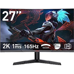 KOORUI 27 inch Gaming Monitor, 2K QHD 2560P 165Hz(Support 144hz) &1ms 1800R Curved Monitor 90% sRGB Color AMD Freesync,3 Sides Frameless,Tilt Adjustable,VESA Mountable