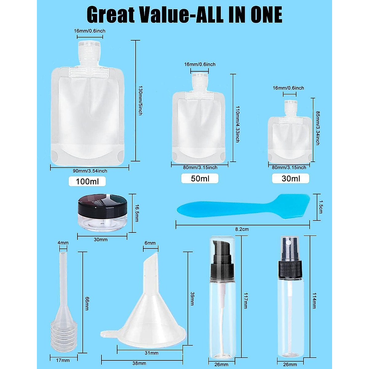 17 Pack Travel Pouches for Toiletries,TSA Approved,Travel Size Portable Containers,Stand Up Pouch,Refillable Travel Accessories for Shampoo Conditioner Lotion Soap Liquids (A-17pcs)