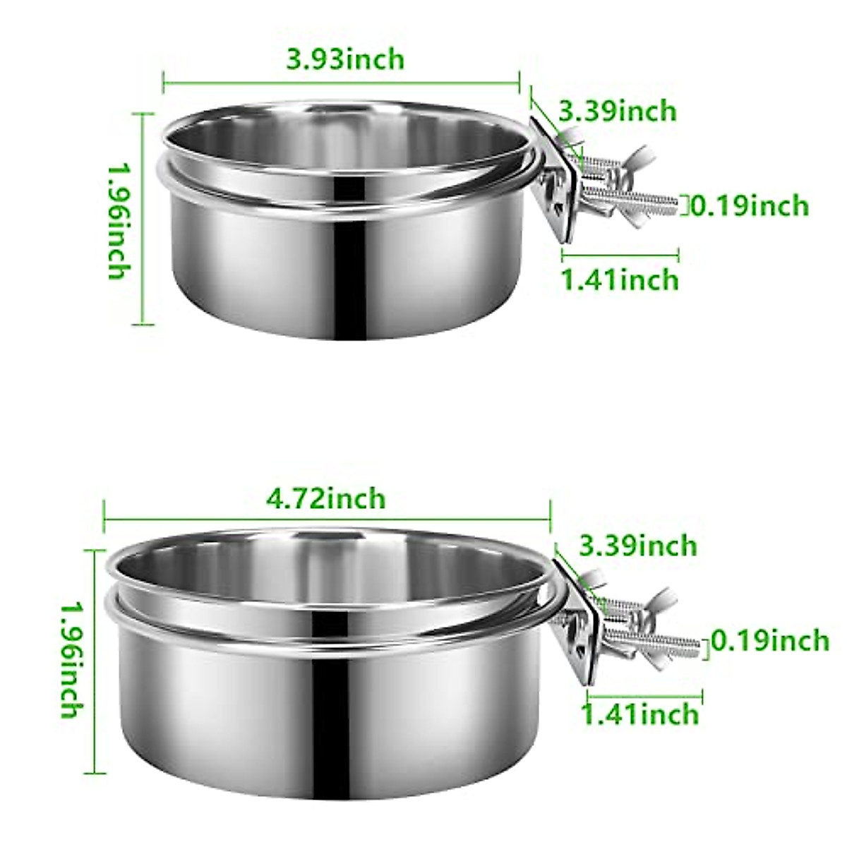 Yummy Sam 2 Pcs Small Dog Food Water Bowl for Cage with Upgraded Clamp Holder, Pet Kennel Hanging Bowls Stainless Steel Detectable Bowls Crate Feeder Dish for Small Dogs (4.7x2'' & 3.9x2'')