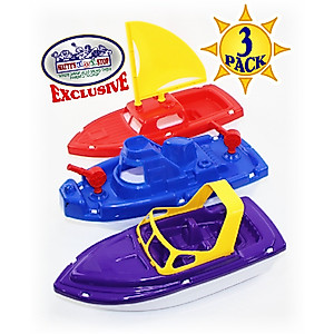 Matty's Toy Stop Plastic Boats Set Sailboat (Red), Speedboat (Purple) & Fireboat (Blue) Gift Set Bundle, Perfect Bath, Pool, Beach Etc. - 3 Pack