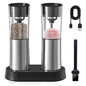 Electric Salt and Pepper Grinder Set — Gravity Rechargeable Salt Pepper Grinder with Charging Base and LED Light, Adjustable Coarseness, Large Capacity, One-handed Operation Salt Pepper Mills