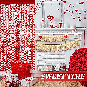 Breling 6 Pieces Burlap Happy Anniversary Banner Party Bunting Garland Decorations Wedding Decoration Supplies Hanging Red Heart Streamer with LED Lights, M