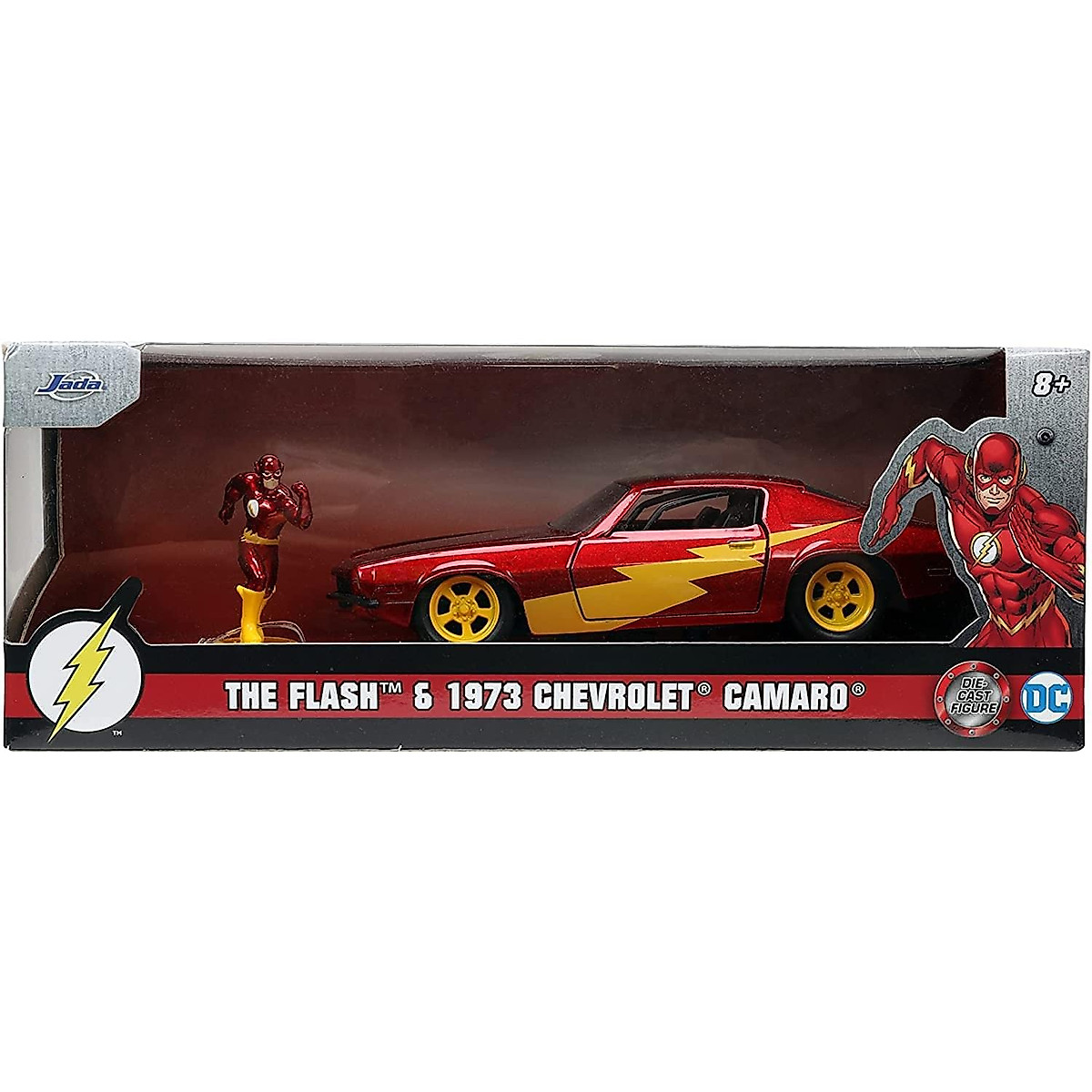 Jada Toys DC Comics 1:32 1973 Chevy Camaro Die-cast Car with The Flash Die-cast Figure, Toys for Kids and Adults, Red