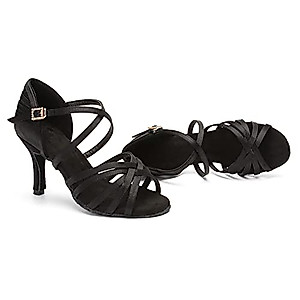 SWDZM Women's Latin Dance Shoes Open-Toe Silk Salsa Tango Ballroom Professional Practice Performance Dance Shoes,Heel-3 1/3'',WZSP2324 Black 8 US