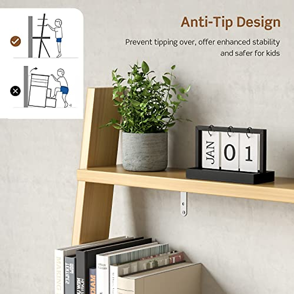 Tangkula Ladder Desk with Countertop & Drawer, Freestanding 2-Tier Ladder Shelf Desk, Modern Computer Desk Laptop Table with Storage Bookshelf, Anti-Toppling Device (Natural)
