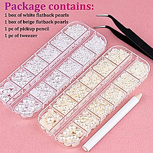 2700 Pcs Flat Back Pearls Kits 1 Box of Flatback White+1 Box of Beige Half Round Pearls with Pickup Pencil And Tweezer for Home DIY And Professional Nail Art, Face Makeup And Craft