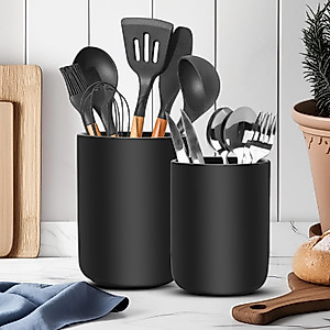 YKDGBRE Ceramic Utensil Holder for Kitchen Counter, Black Kitchen Utensil Holder for Countertop, 2 Pcs Cooking Utensil Crocks for Spatula, Spoon, Forks, Plant