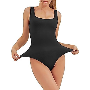 HEGALY Thong Bodysuits for Women 3 Piece Sexy Ribbed Seamless Tummy Control Shapewear Sleeveless Square Neck Tank Top