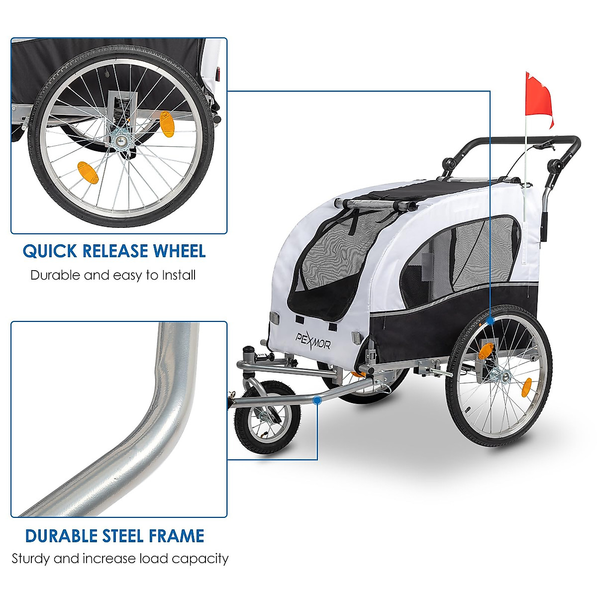 PEXMOR 2-in-1 Dog Bike Trailer,Pet Stroller Dog Trailer for Bicycle w/Universal Hitch,Folding Pet Cart Bike Wagon Cargo Carrier for Dog Shock Absorber & 360 Swivel Quick Release Wheel (White)