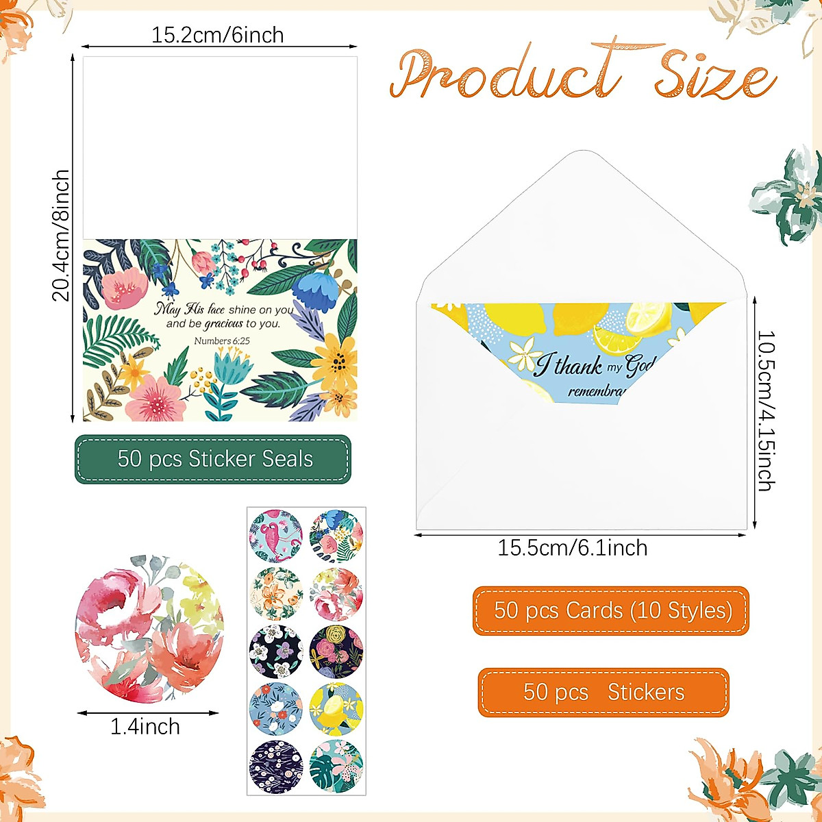 Trandraft 50 Pack Religious Christian Thank You Cards with Scripture Bulk, 4 x 6 Inch Christian Appreciation Greeting Cards, Bible Verse Inspirational Greeting Cards with Envelopes and Stickers