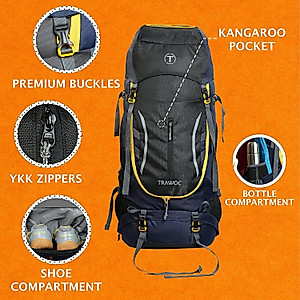 TRAWOC 65 Liter Internal Frame Trekking Hiking Backpack Travel Bag Front & Top Loading Rucksack/Water Proof Rain Cover/Shoe Compartment, HK010