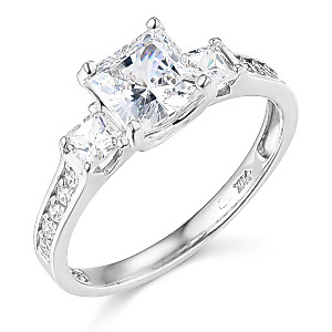 Wellingsale Ladies Solid 14k White Gold Polished CZ Cubic Zirconia Princess Cut Three 3 Stone Engagement Ring - Size 6