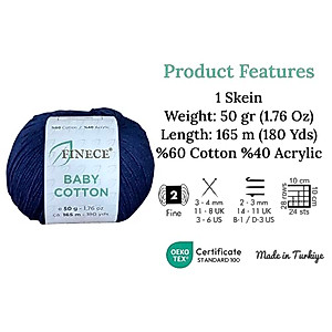 FINECE Baby Cotton, 60% Cotton 40% Acrylic Yarn, Fine (2) for Crochet and Knitting 2 x 1.76 Oz (2 x 50g) / 2 x 180 Yrds (2 x 165m), Soft Yarn, Amigurumi Yarn (2 Skeins, 3038 - Navy Blue)