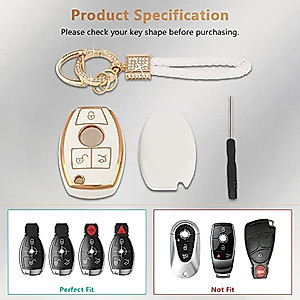 PIFOOG for Mercedes Key Fob Cover TPU Key Case Soft Car Keys Protector Fit Mercedes Benz AMG C E M S CLS CLA GLK GLA GLC GLE Smart Remote Key Keychain Girly Women White Gold