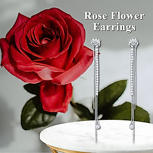 POPKIMI Rose Flower Earrings 925 Sterling Silver Dangle Drop Hook Earrings Birthday Gifts for Women Women Earrings Love Heart Rose Flower Earrings Christmas Birthday Gifts (Silver)