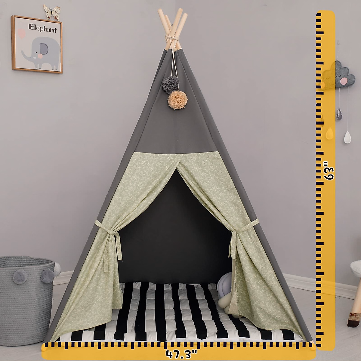 TreeBud Teepee Tent for Kids Stripe Padded Mat Foldable Dark Tone Grey Play Tents for Girl and Boy with Carry Case Wooden Pole Printing Canvas Tepee Playhouse for Child Indoor Outdoor