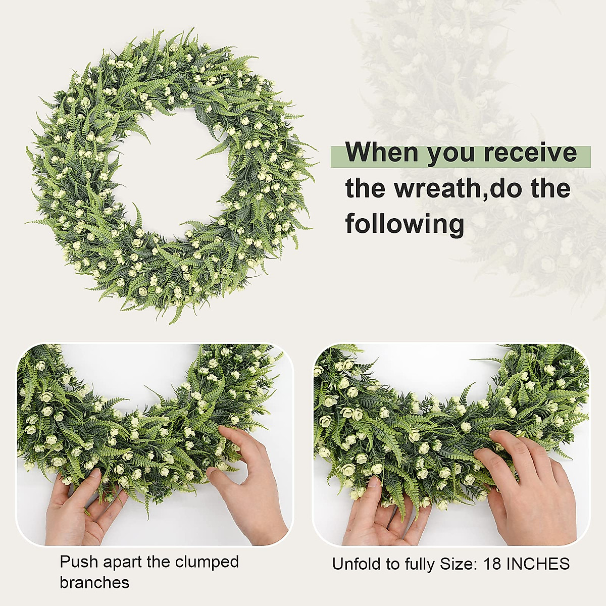 18'' Wreath for Front Door Artificial Spring Wreath for Wall with Green Leaves Porch Farmhouse Patio Garden Festival Celebration Window Party Decor Home Décor