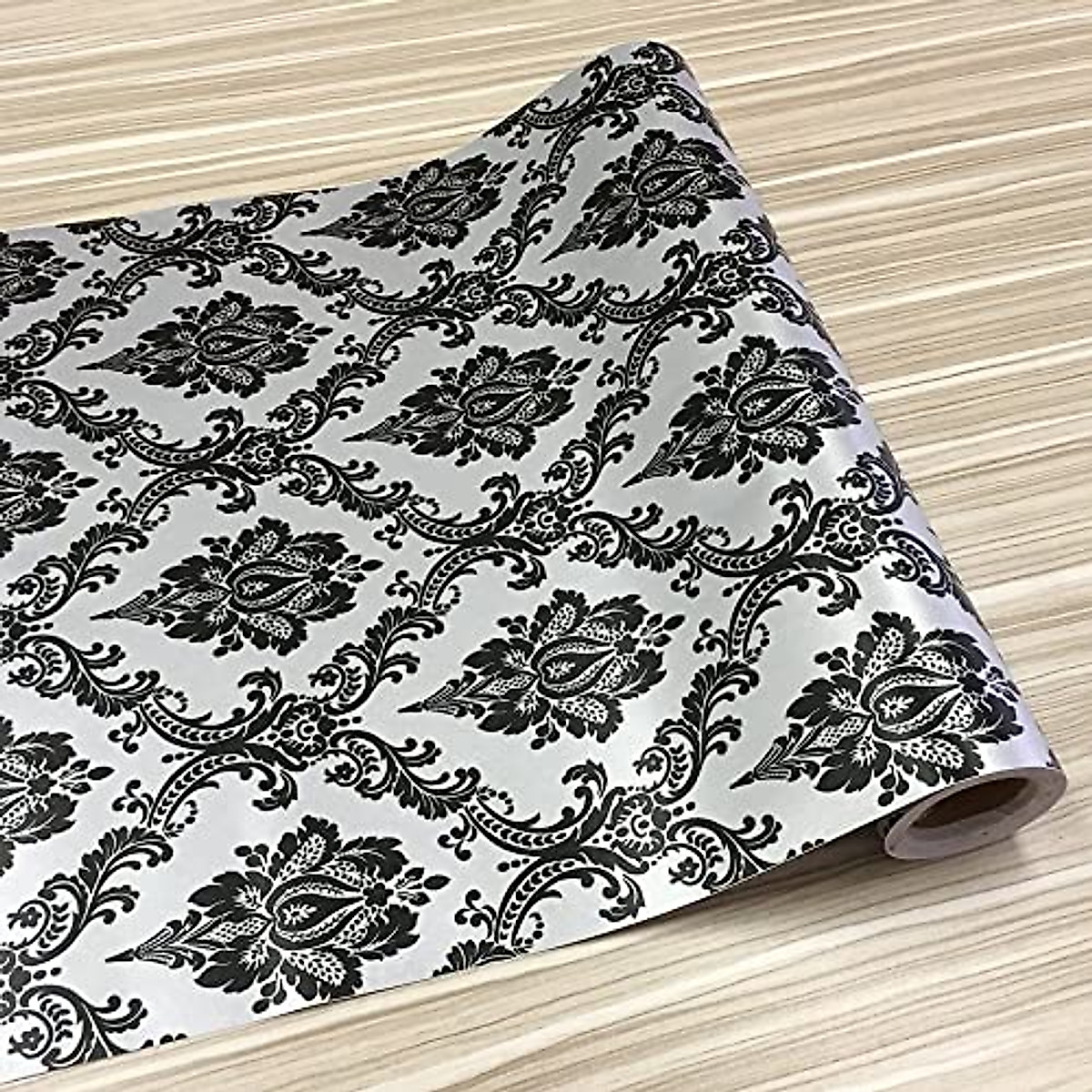 Yifely Retro Black Damask Furniture Paper Self-Adhesive Shelf Liner Light Grey Table Dresser Decor Sticker 17.7 Inch by 9.8 Feet
