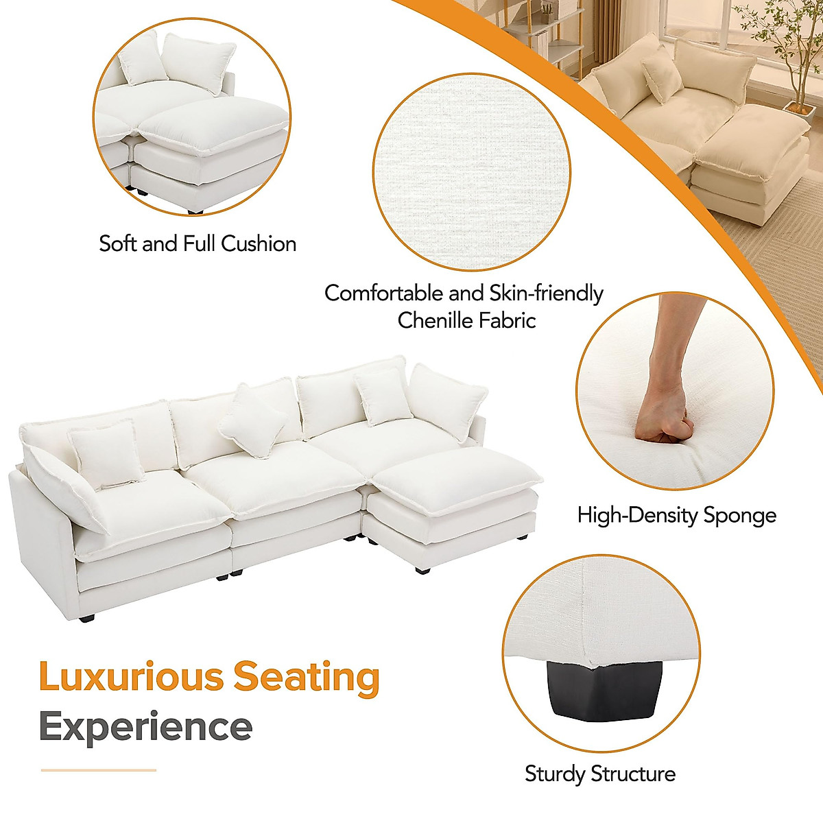 112.2" Modular Sofa Couch for Living Room, 3-Seater Comfy Chenille Cloud Couch with Ottoman/Chaise & 5 Pillows for Living Room Bedroom Office Apartment,Beige