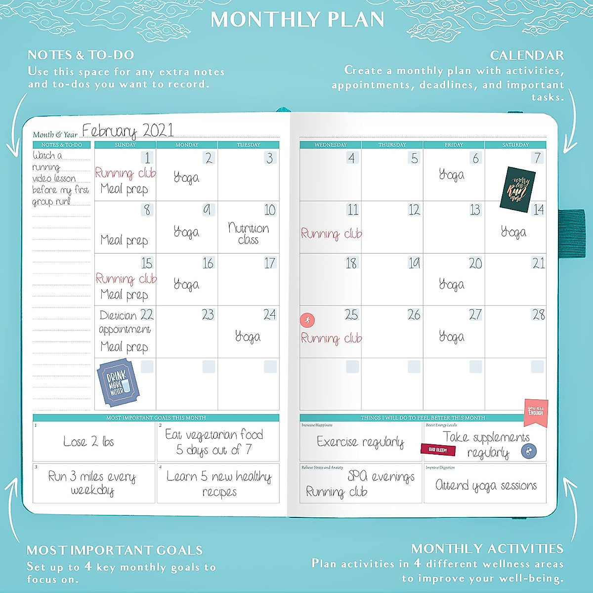 Legend Wellness Planner & Food Journal – Daily Diet & Health Journal with Weight Loss, Measurement & Exercise Trackers – Lifestyle & Nutrition Diary – Lasts 6 Months, A5 size – Turquoise