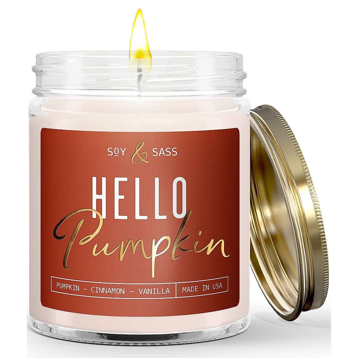 Fall Candles, Pumpkin Candle - 'Hello Pumpkin' Soy Pumpkin Spice Candle I Infused with Essential Oils I Fall Candle Decor, Fall Scented Candle I 9oz Reusable Jar I 50 Hour Burn I Made in USA