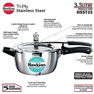 Hawkins 3.5 Litre Triply Stainless Steel Pressure Cooker, Inner Lid Cooker, Silver (HSST35)