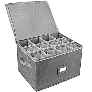 LotFancy Stemware Storage Container, Hard Shell, Stackable Wine Glass Storage Box with Dividers & Handles, Crystal Glassware, Champagne Flute, Drinkware Case for Moving, Grey