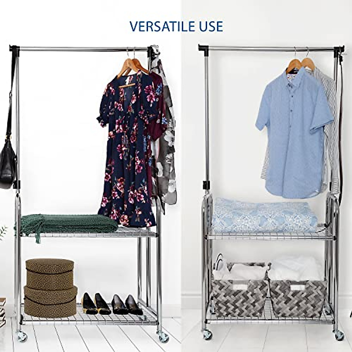 Seville Classics Closet Garment Organizer with Metal Hanging Rod Wardrobe Storage System w/Steel Shelves for Clothes, Shirts, Jackets, Coats, Blankets, Shoes