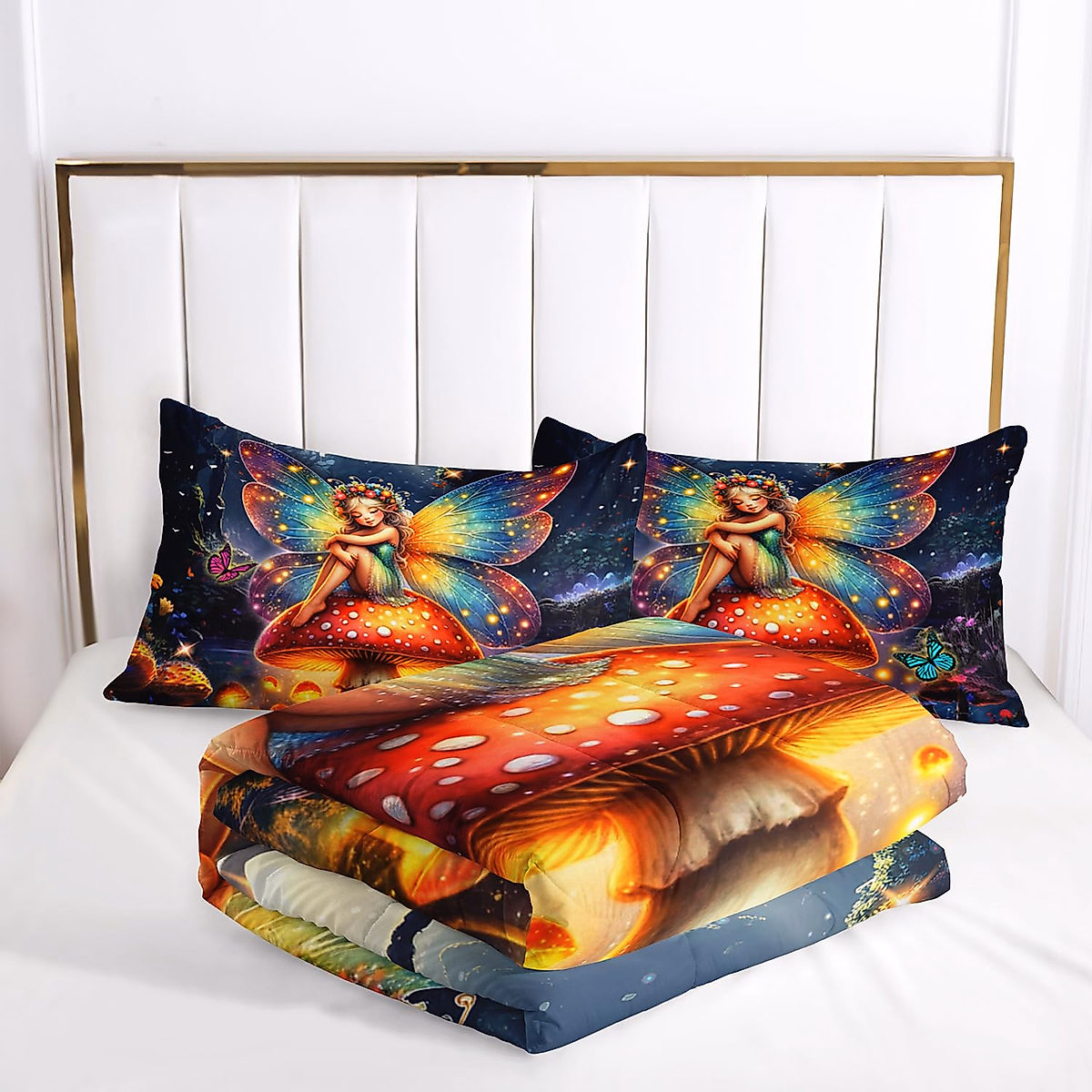 AILONEN Beautiful Fairy Comforter Set Queen Size, Butterfly Mushroom Fairy Bedding Set for Kids,Girls,Forest Spirit Duvet Set,3-Pieces, 1 Quilt and 2 Pillowcases,All Season,Soft