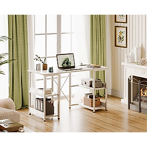 AODK 40 Inch Small Writing Desk with Power Outlets & USB Charging Port, Computer Desk for Small Spaces Home Office, Student Laptop PC Desks with Storage Shelves, Kids Desk, White