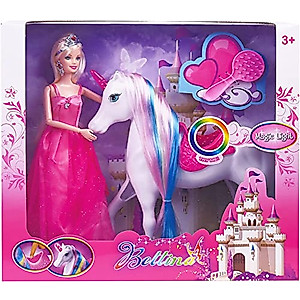 White Unicorn with Magic Light Horn and Fairy Tale Princess Doll 11.5“, W/Comb and Crystal Crown, Girls' Unicorn Doll Toys Gifts, Presents for Girl Kids Aged 3+