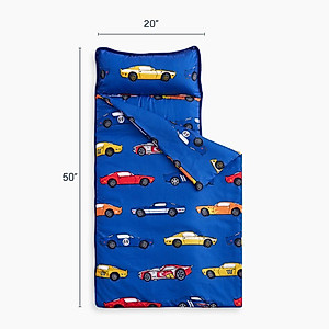 Wake In Cloud - Nap Mat with Removable Pillow for Kids Toddler Boys Girls Daycare Preschool Kindergarten Sleeping Bag, Sports Race Cars Supercars on Blue, 100% Soft Microfiber