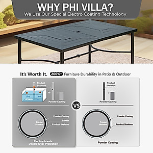PHI VILLA 64" Large Metal Patio Dining Table Steel Rectangular Outdoor Table, Weather-Resistant Table with 1.77" Umbrella Hole for Lawn Backyard Garden, Black