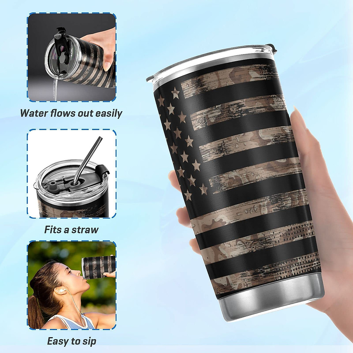 foixnub American Flag 20oz Tumbler Desert Camouflage Insulated Coffee Cup Wine Tumbler Stainless Steel Reusable Water Bottle Double Walled Travel Mug Thermal Cup for Hot Cold Drinks