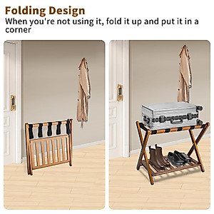 GUANBOM Luggage Rack，Folding Suitcase Stand with Storage Shelf，Luggage Stand for Guest Room Bedroom and Hotel (Brown)