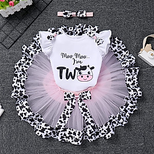 Kids Cake Smash Outfit Baby Girls baptism Christening Dedication Cows Farm Theme Princess Romper+Tutu Skirt+Headband 3PCS Clothes Set Fancy Dress Up Halloween Cosplay Costume Cows-Moo Moo I'm Two 2T