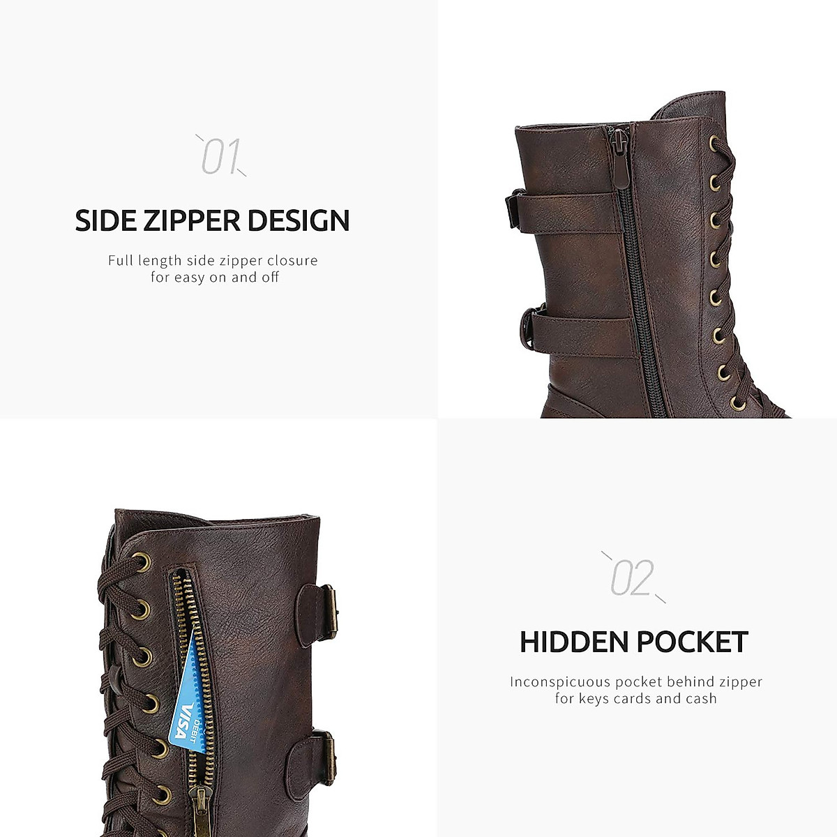 DREAM PAIRS Women's Combat Boots, Mid Calf Built-in Wallet Pocket Lace up Military Ankle Booties,Size 9.5,Brown,TERRAN