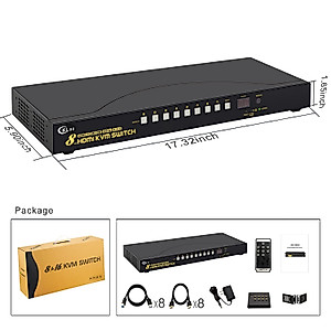 CKLau 8 Port USB 3.0 Rack Mount HDMI KVM Switch 4K60Hz with Audio, 2 pcs USB 3.0 Hub, and Cables Supports Keyboard Mouse Switching