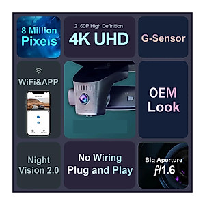 Fitcamx 4K Dashcam Dvr Dash Cam Recorder,Car Camera Compatible with VW Touareg 3 CR7 CR 7 2022 2021 2020 2019 (Color : Black, Size : 4K Front Cam 64GB)