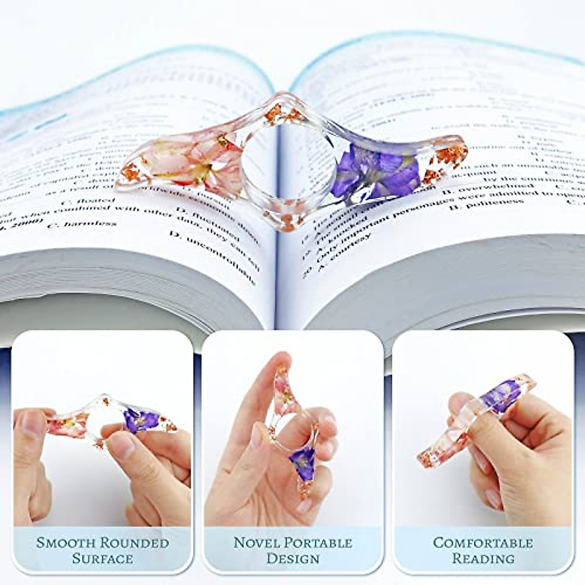 2 Pieces Dried Flower Resin Book Page Holder Transparent Thumb Ring Page Holder Handmade Personalized Flower Resin Holders Reading Bookmark Accessories for Reader Book Lovers