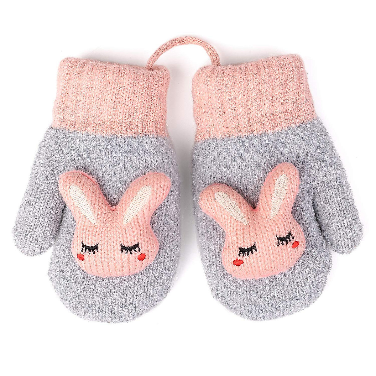 F Flammi 2 Pairs Toddler Mittens for Baby Boys Girls Winter Sherpa Lined Warm Knit Mittens Cartoon Bunny Kids Gloves (1-3 Years)
