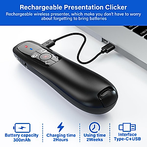 2-in-1 USB Type C Presentation Clicker, Clicker for PowerPoint Presentations, Rechargeable Wireless Presenter Remote, Pointer RF 2.4GHz USB PowerPoint Clicker Slide Advancer with Volume Control